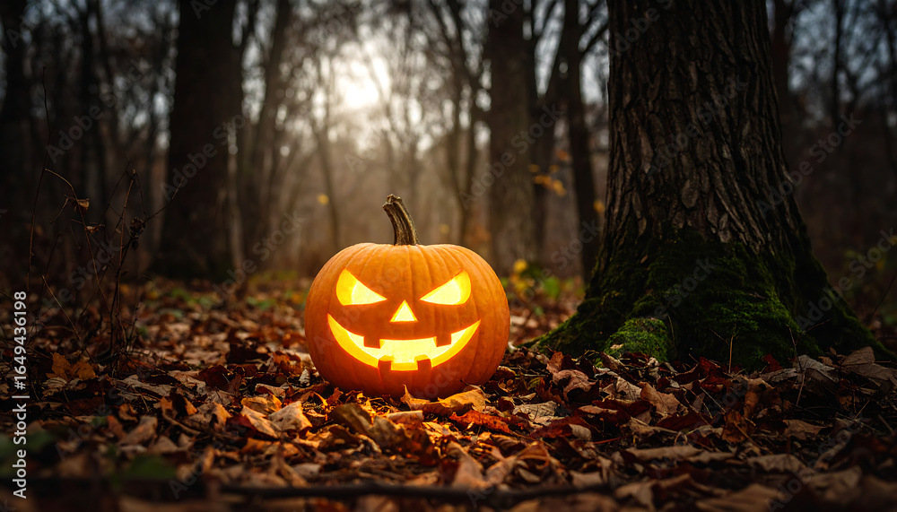 Glowing carved pumpkin with eerie face sits on dry leaves in dark ...