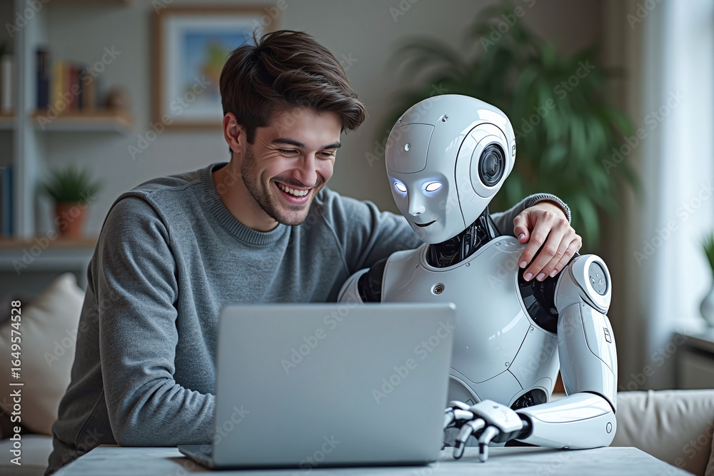 Man and AI humanoid robot work together and collaborating while looking ...