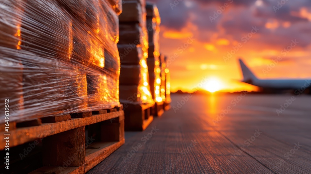 Stacks of pallets arranged on a loading dock against a vibrant sunset ...