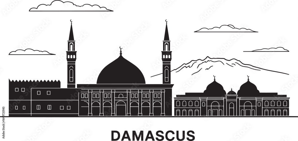 Damascus Syria Skyline Silhouette Vector Illustration with Transparent ...