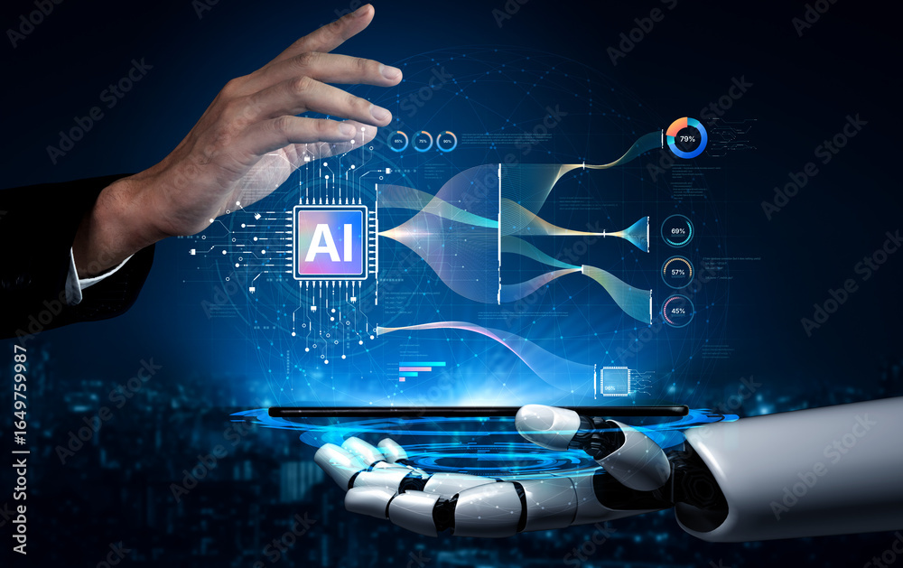 AI brain processes big data with generative AI, LLMs, and machine learning to support business ...