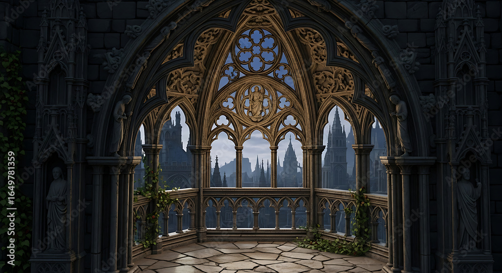 Ornate gothic balcony overlooking a city skyline with intricate ...