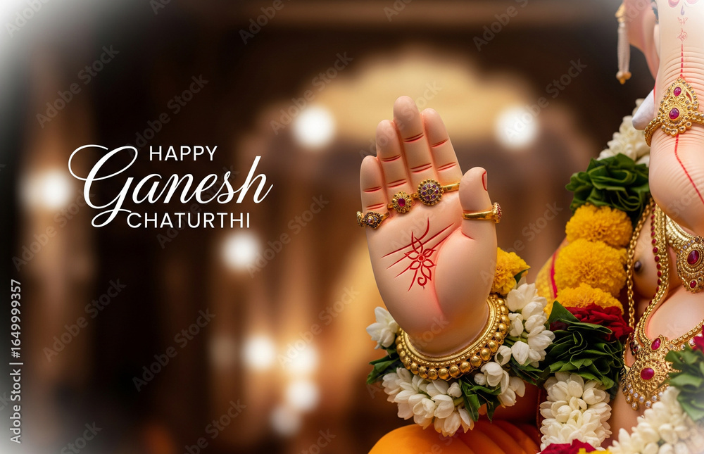 Close-up blessing pose of Lord Ganesha’s hand with jewelry and flowers ...