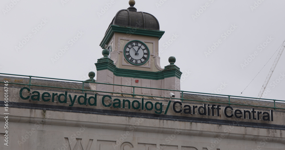 CARDIFF, UK - AUGUST 8, 2025 - Clock tower of Cardiff Central station ...