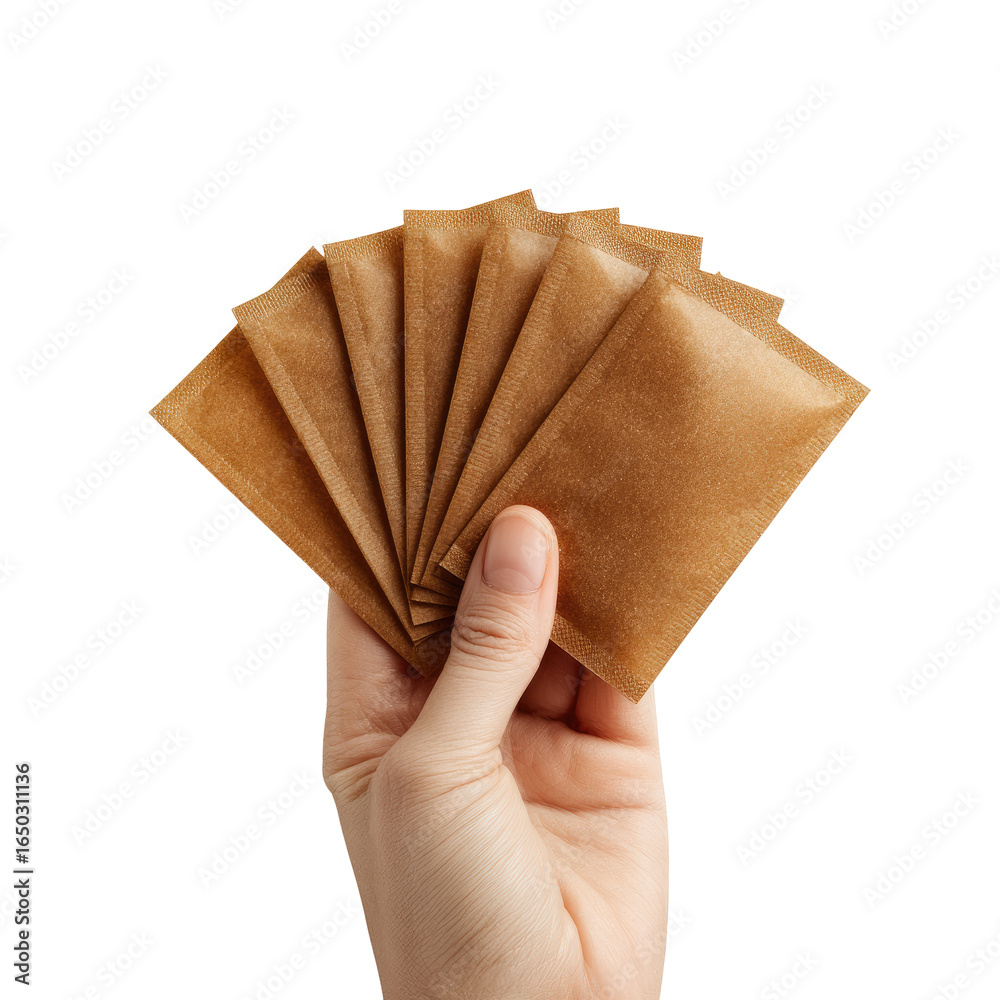 Hand holding a fan of small, light-brown paper packets Stock Photo ...