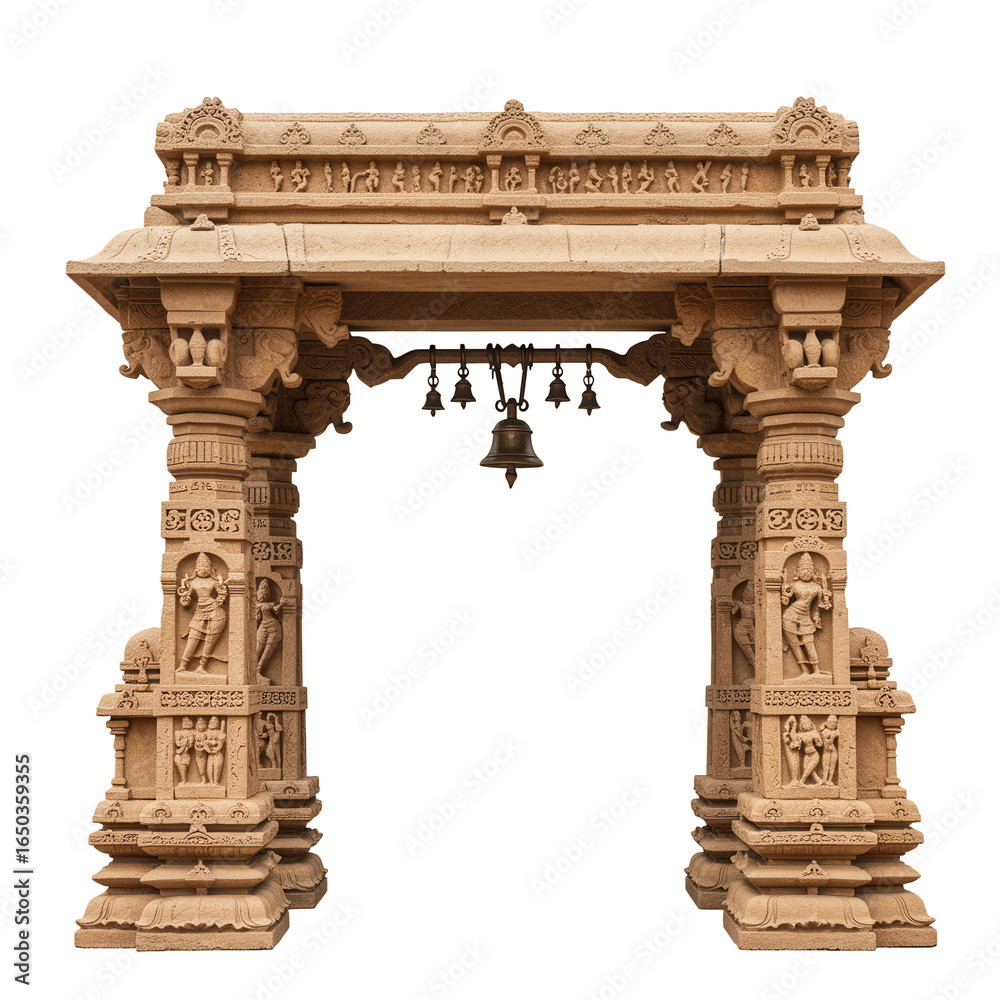 Stone Indian archway with bells and detailed carvings, traditional ...