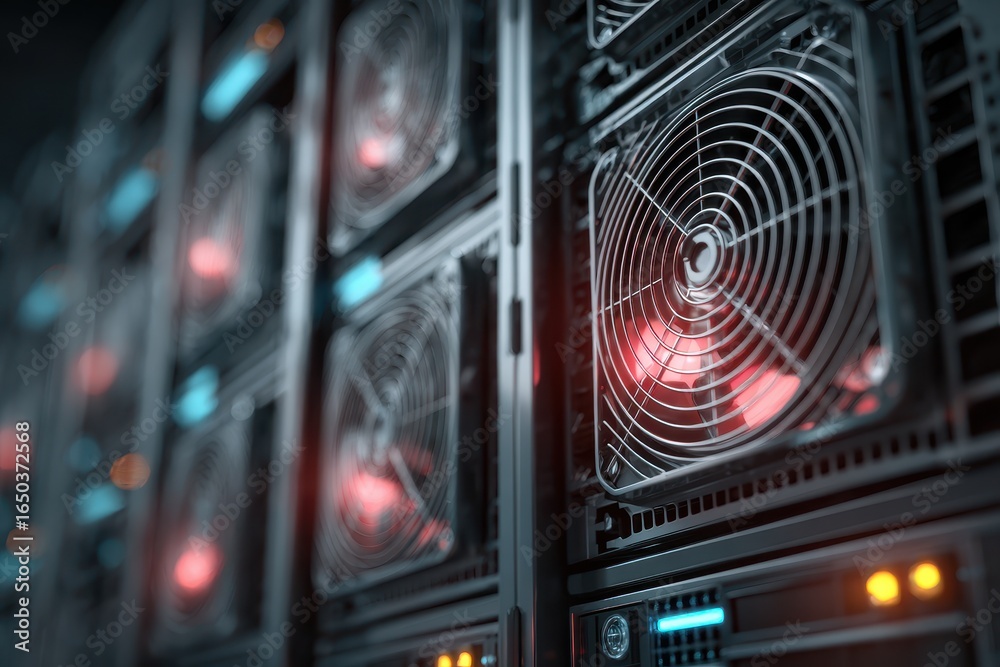 Server racks with efficient cooling fans operating in a modern data ...