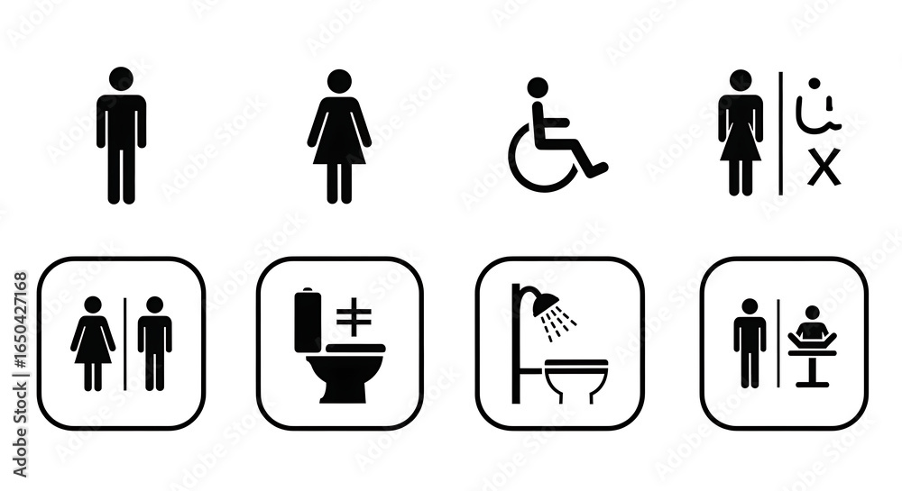 A collection of universal restroom and facility pictograms, including ...