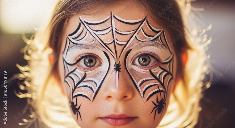 Young girl's face transformed with captivating spider web face paint ...
