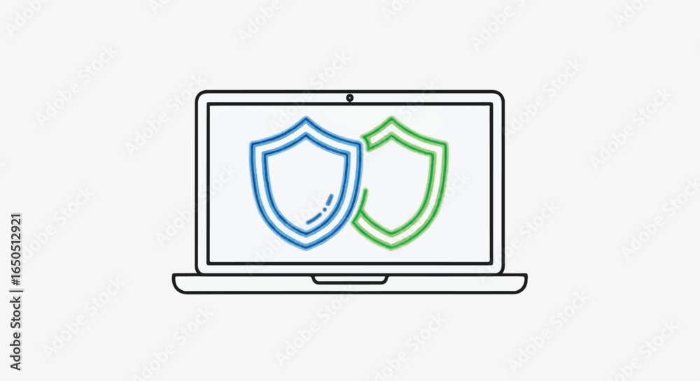 Laptop line art with blue and green security shield icons on screen ...