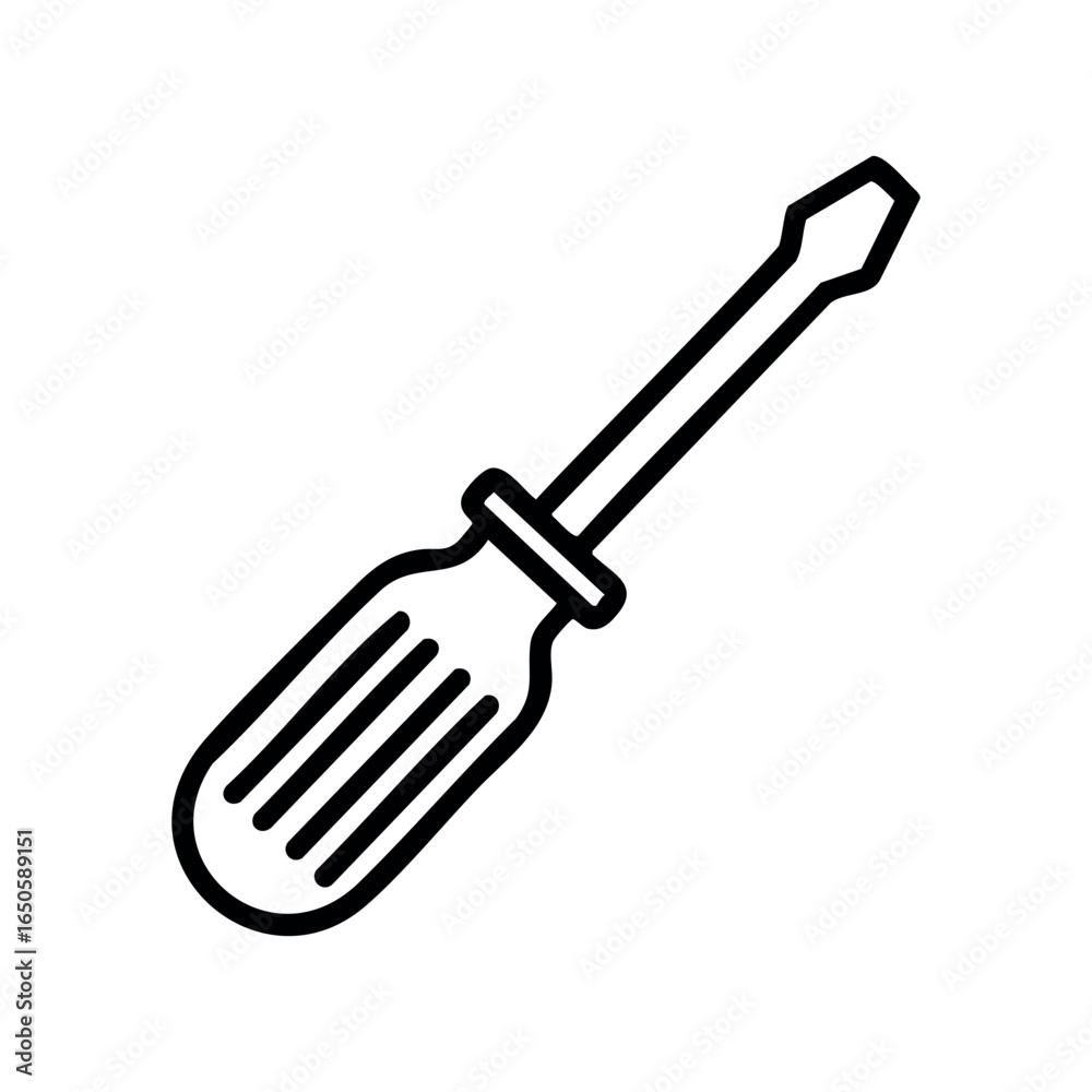 Simple black and white line art of a screwdriver with a flathead tip ...