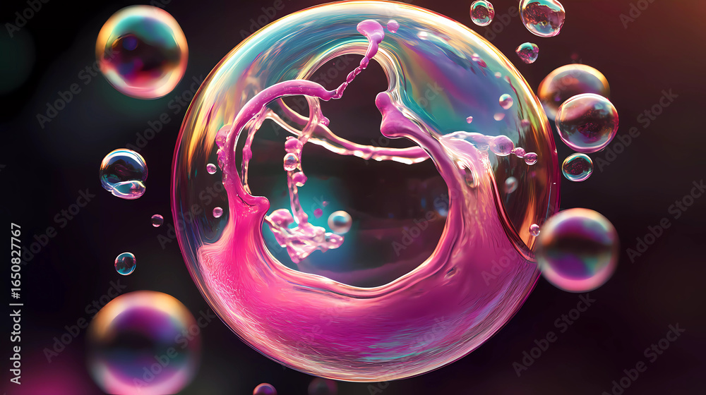 pink bubble floating in space. The main bubble is large and transparent ...