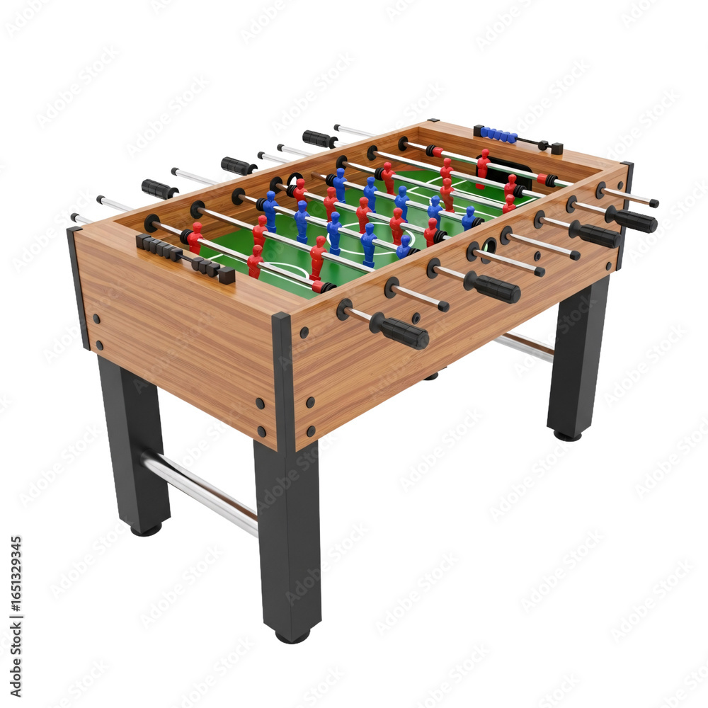 Classic wooden foosball table with colorful player figures and metal ...