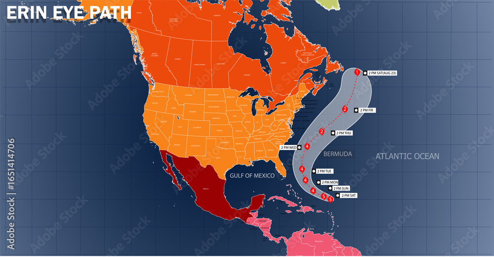 Hurricane Erin Eye Path Map Illustration, Atlantic Ocean Storm Tracking ...