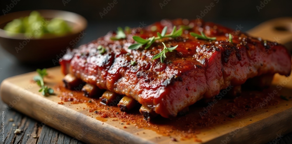 Tender BBQ chuck ribs, flavorful rub, rustic board, rustic, image, meat ...