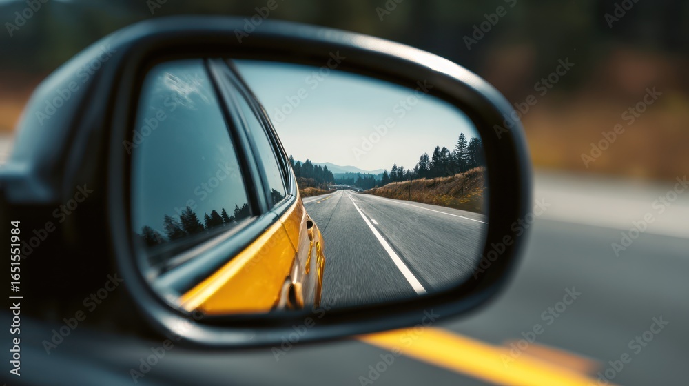 A car's side mirror reflects a scenic highway stretching into a ...