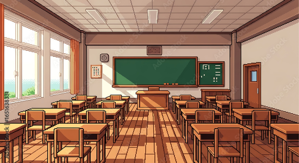 Foto de Stock Empty Classroom Pixel Art Background | Retro 8-Bit School ...