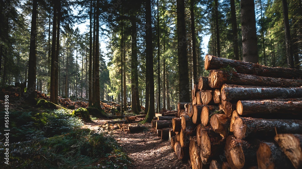 Pile of freshly cut logs in a sun-drenched forest clearing ...
