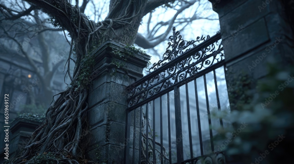 Bone fence under the spiral pillar concept. Mysterious gate entwined ...