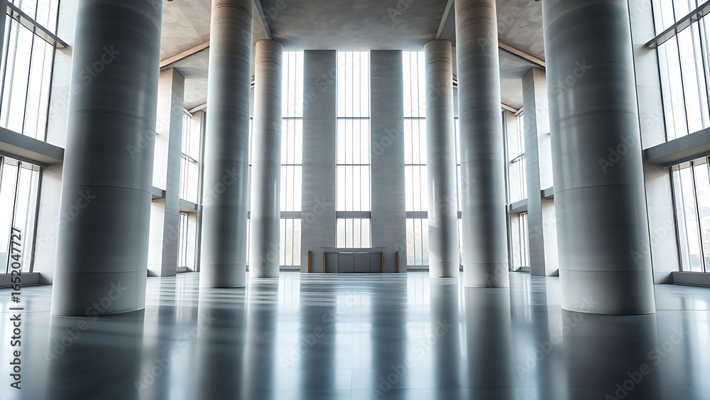 Vast architectural space with smooth concrete columns and diffused ...