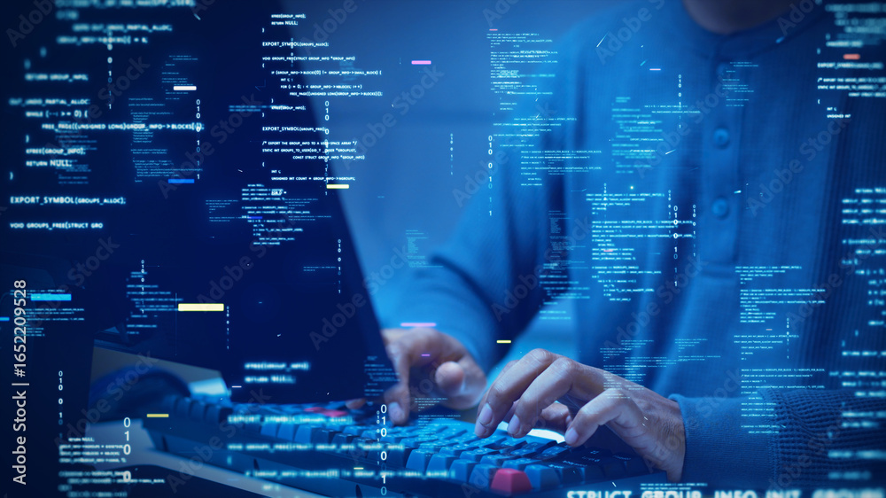 A developer types on a computer with glowing code and binary symbols ...