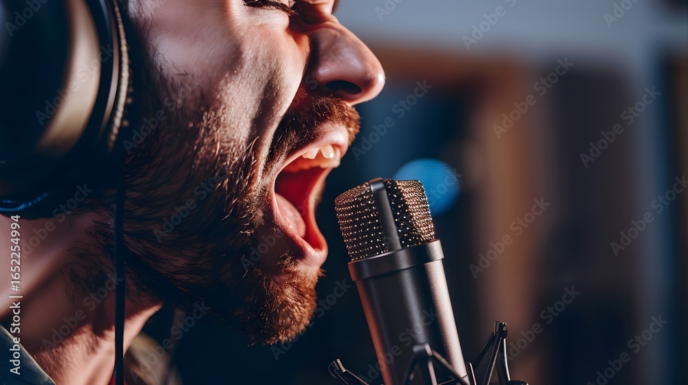 Passionate singer performing in a studio, captured mid-song with ...