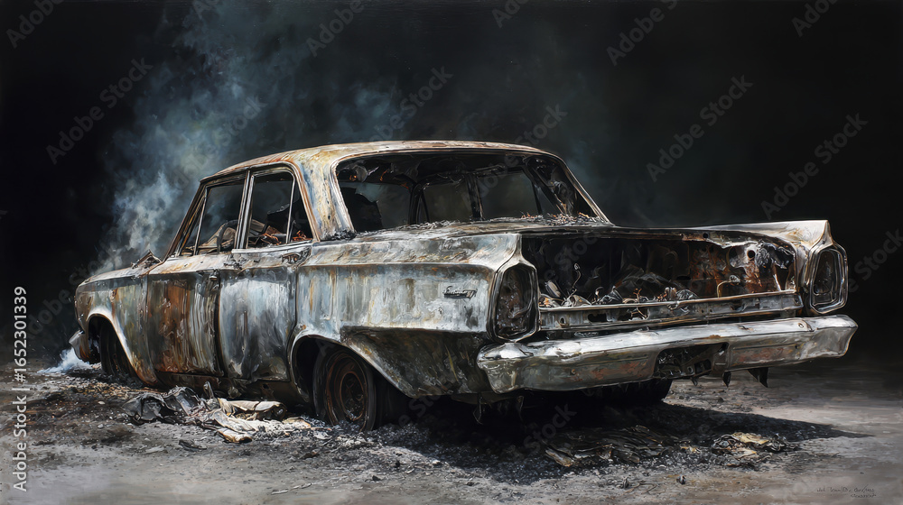 Burnt old car with smoldering remains and rusted metal frame in dark ...