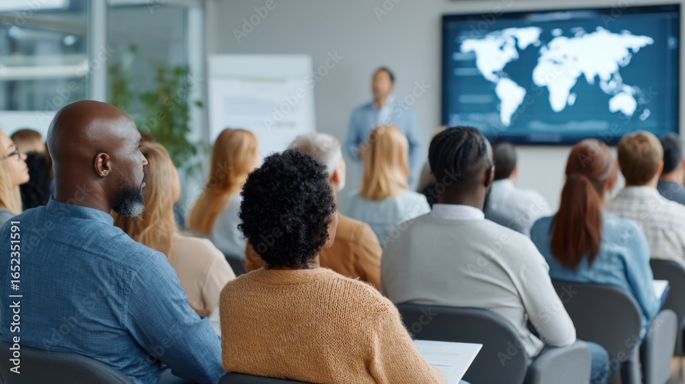 Diverse Audience Attending Business Conference Presentation with World ...