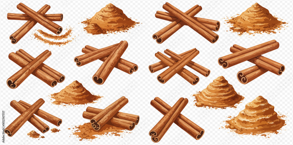 A collection of realistic cinnamon sticks and piles of ground powder ...