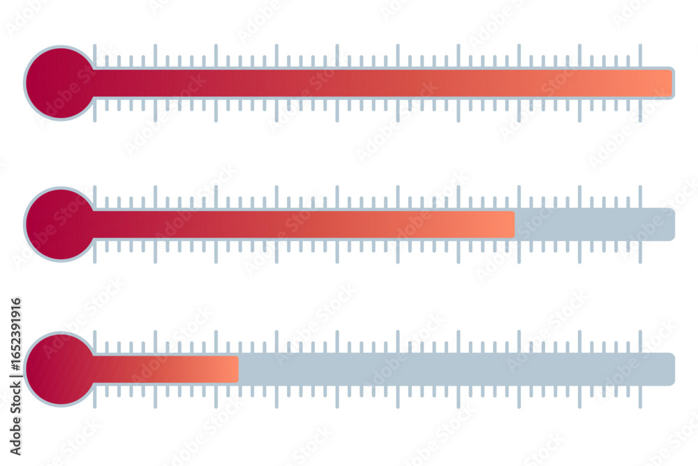Three horizontal temperature gauges with gradient bars from red to blue ...