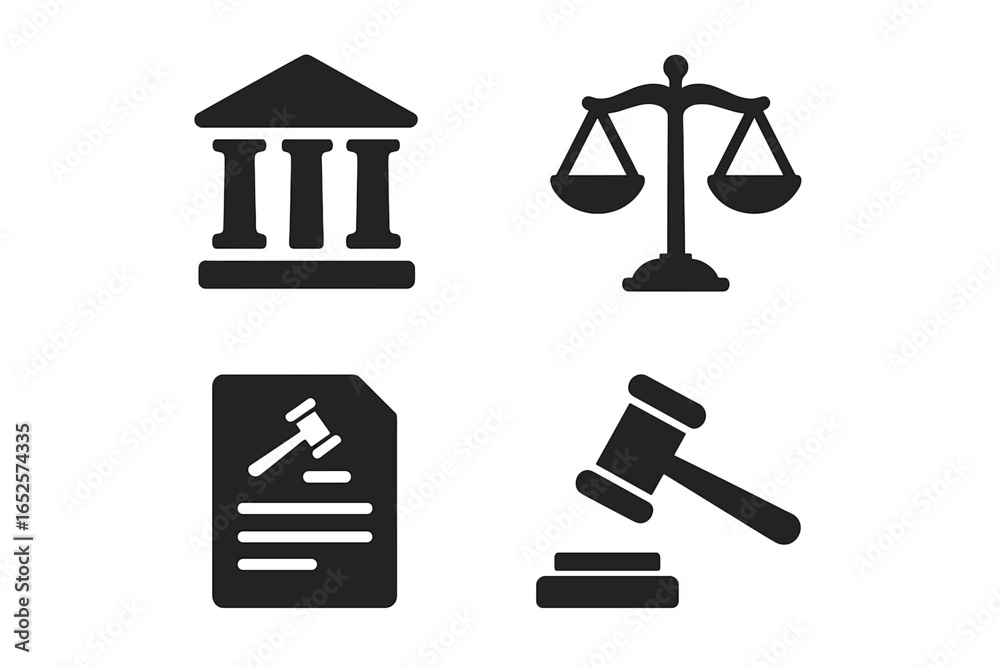 Legal icon set. Court building, courthouse, pillars, scales of justice ...
