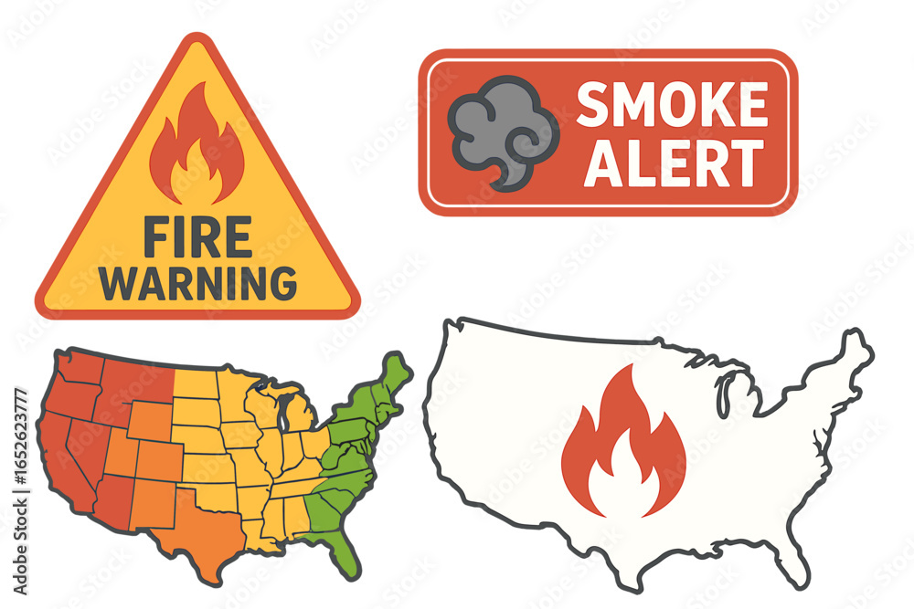 Fire warning and smoke alert vector signs. USA map indicating wildfire ...