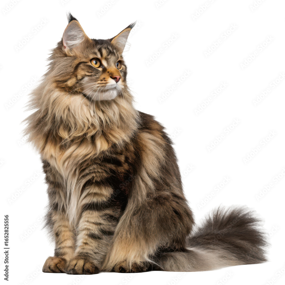 Majestic maine coon cat with long fur sitting and looking to the side ...