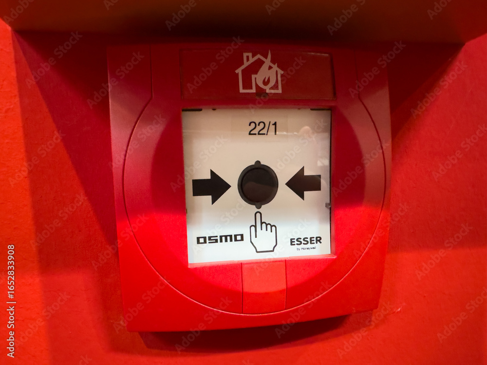 Utrecht, Netherlands - August 11, 2025: Red fire alarm control panel ...