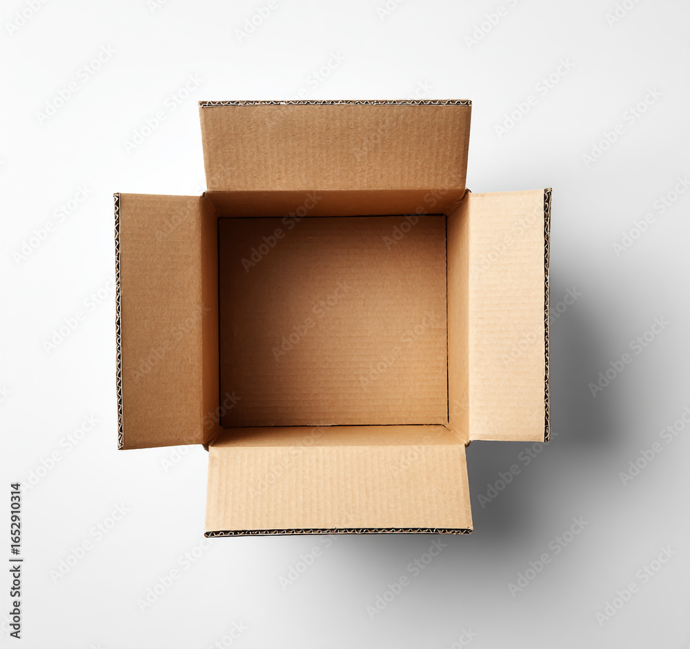 An empty open cardboard box with flaps folded down isolated on white ...