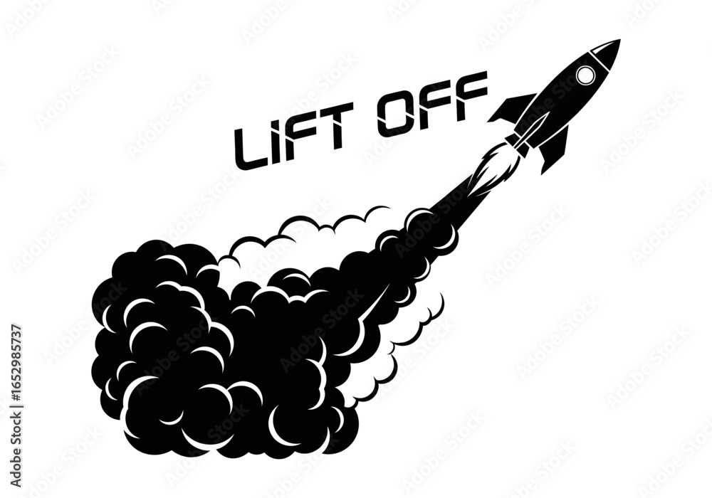 Rocket launching with text lift off isolated on white background Stock ...