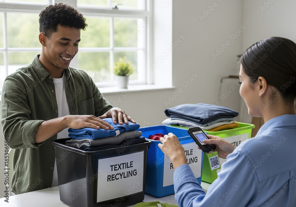 Man folding clothes into a textile recycling bin while woman scans qr ...