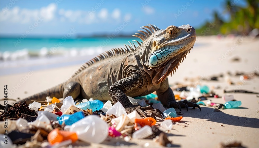 Foto de Stock Iguana basking in the sun surrounded by plastic waste on ...