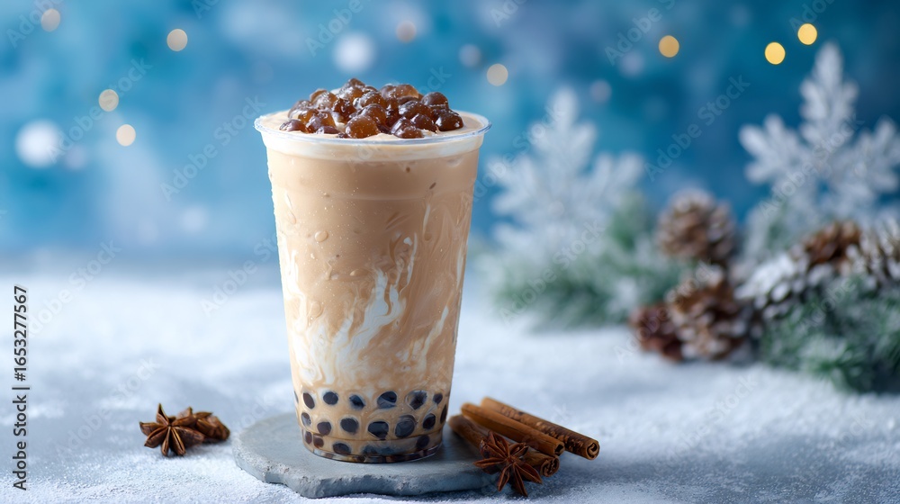 Winter boba tea drink with cinnamon and anise star on snow background ...