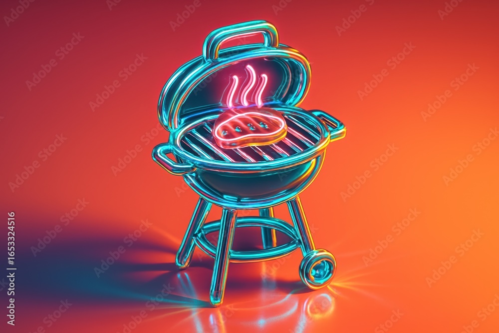 Neon barbecue grill with steak cooking. Use for culinary branding ...