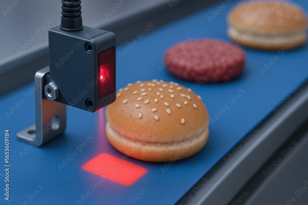 Food processing industry with sensor technology scanning burger patties ...
