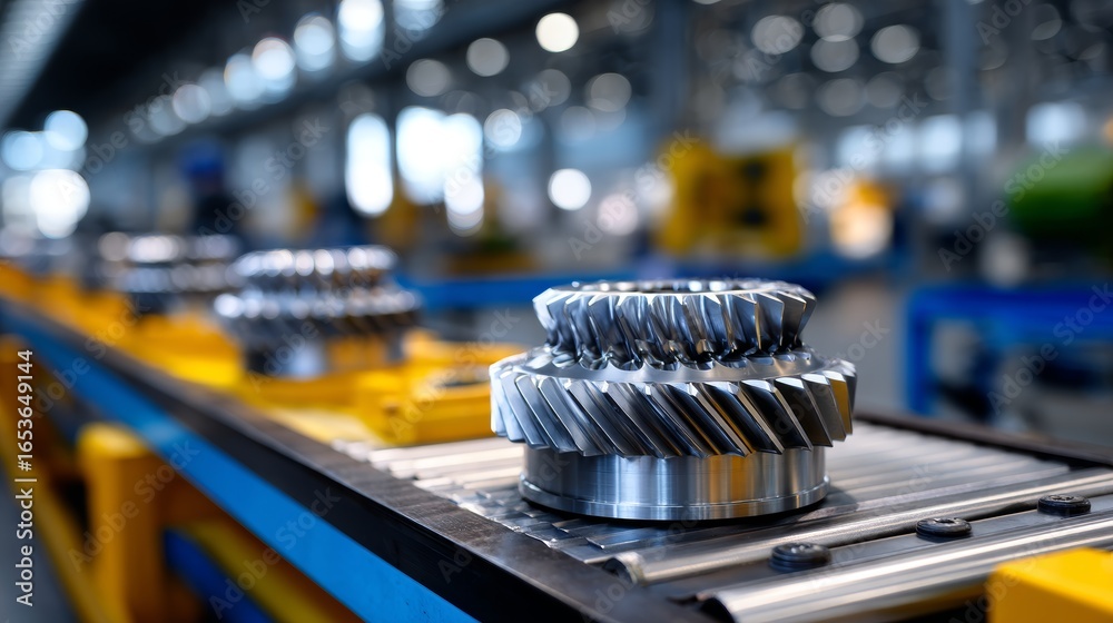 Industrial gears moving along the production line at a modern ...
