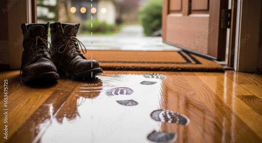 Tracking mud: Footprints on glossy hardwood floor left by muddy boots ...