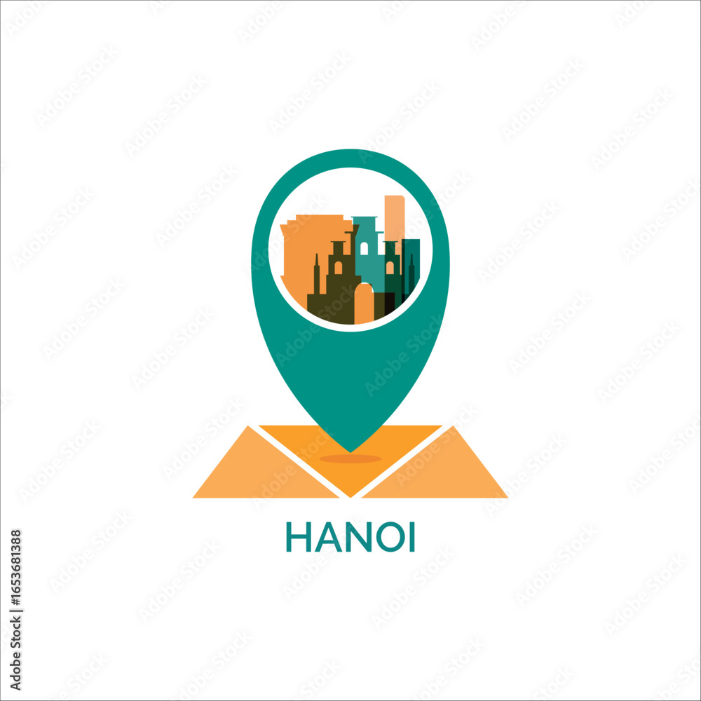 Hanoi, Vietnam logo with map pin point, skyline. Vector flat badge ...