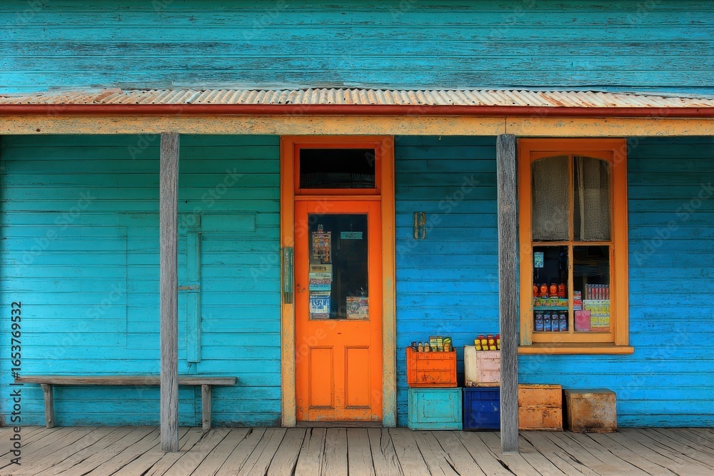 Old Fashioned Store Front. Brightly Painted Shop Front with Blue and ...