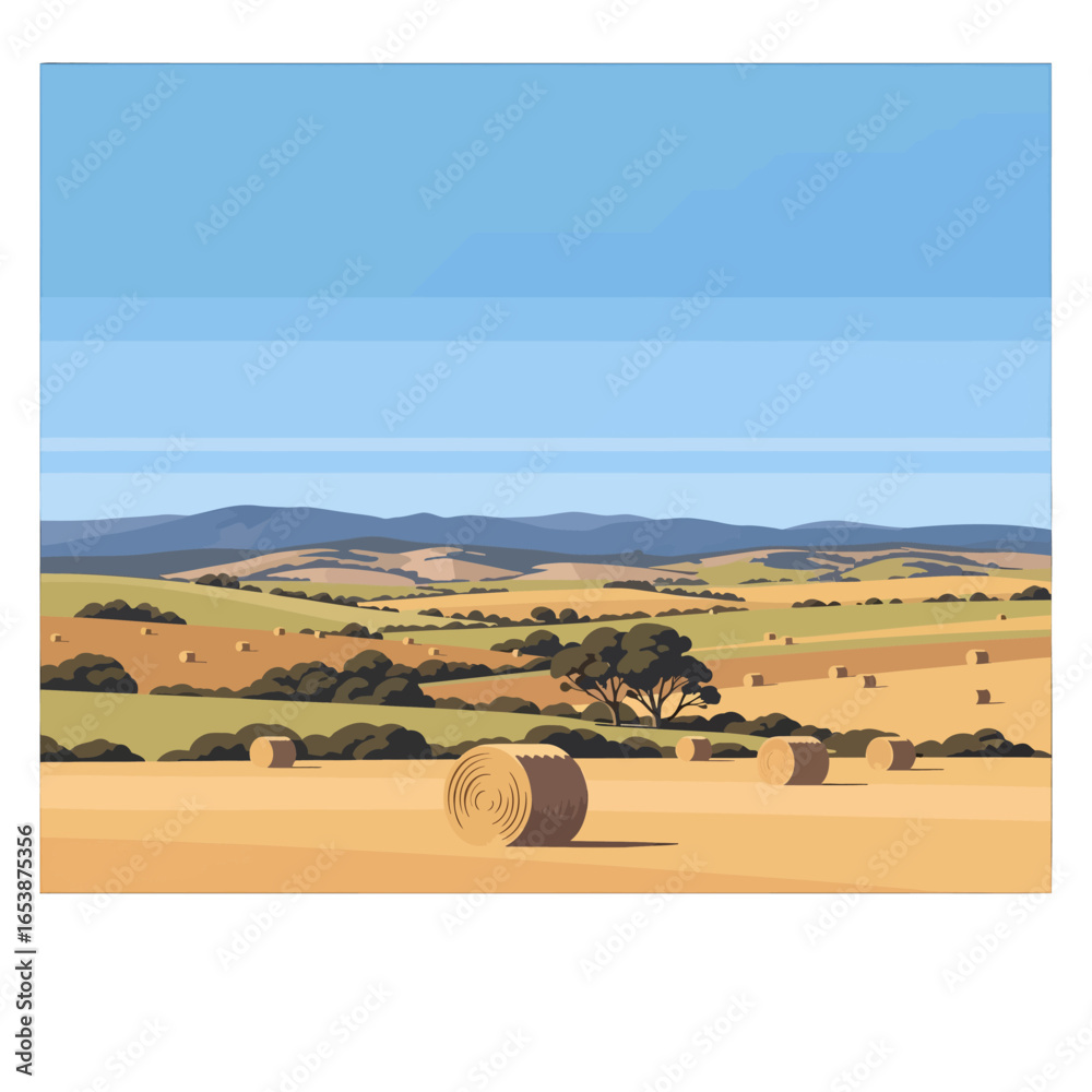 Vibrant Pixel Art of Golden Hay Bales in Rural Landscape Under a Clear ...