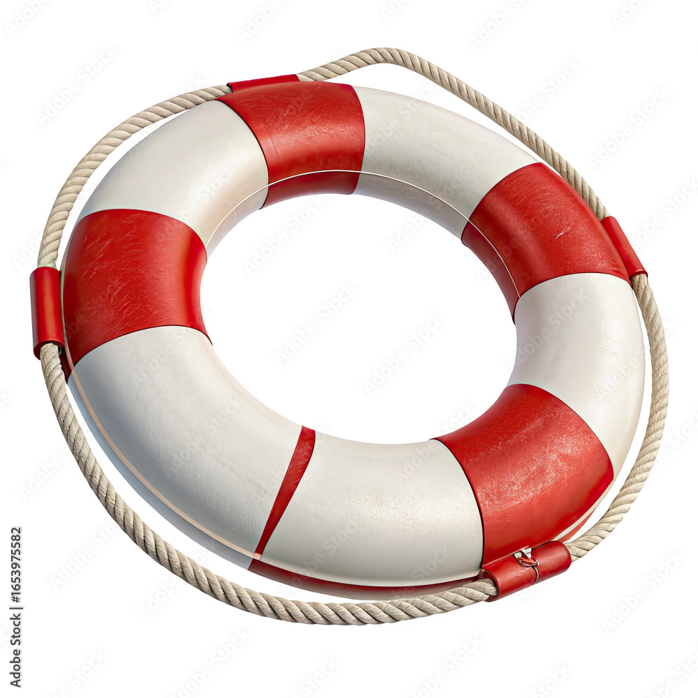 Classic red and white striped life preserver ring with rope detail ...