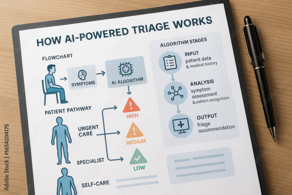 AI triage flowchart on tablet with pen showing patient pathway and ...
