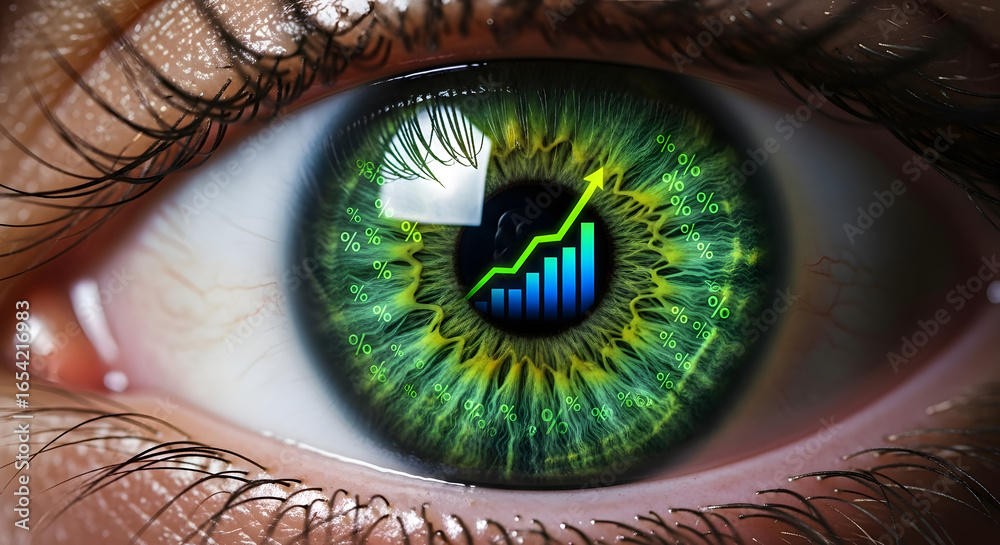 Human eye with superimposed upward trending graph reflecting growth and ...