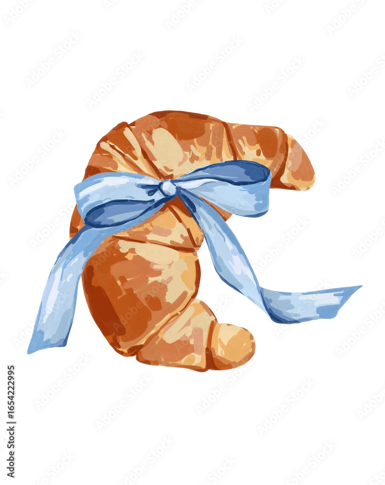Hand drawn croissant with blue ribbon bow Stock Illustration | Adobe Stock